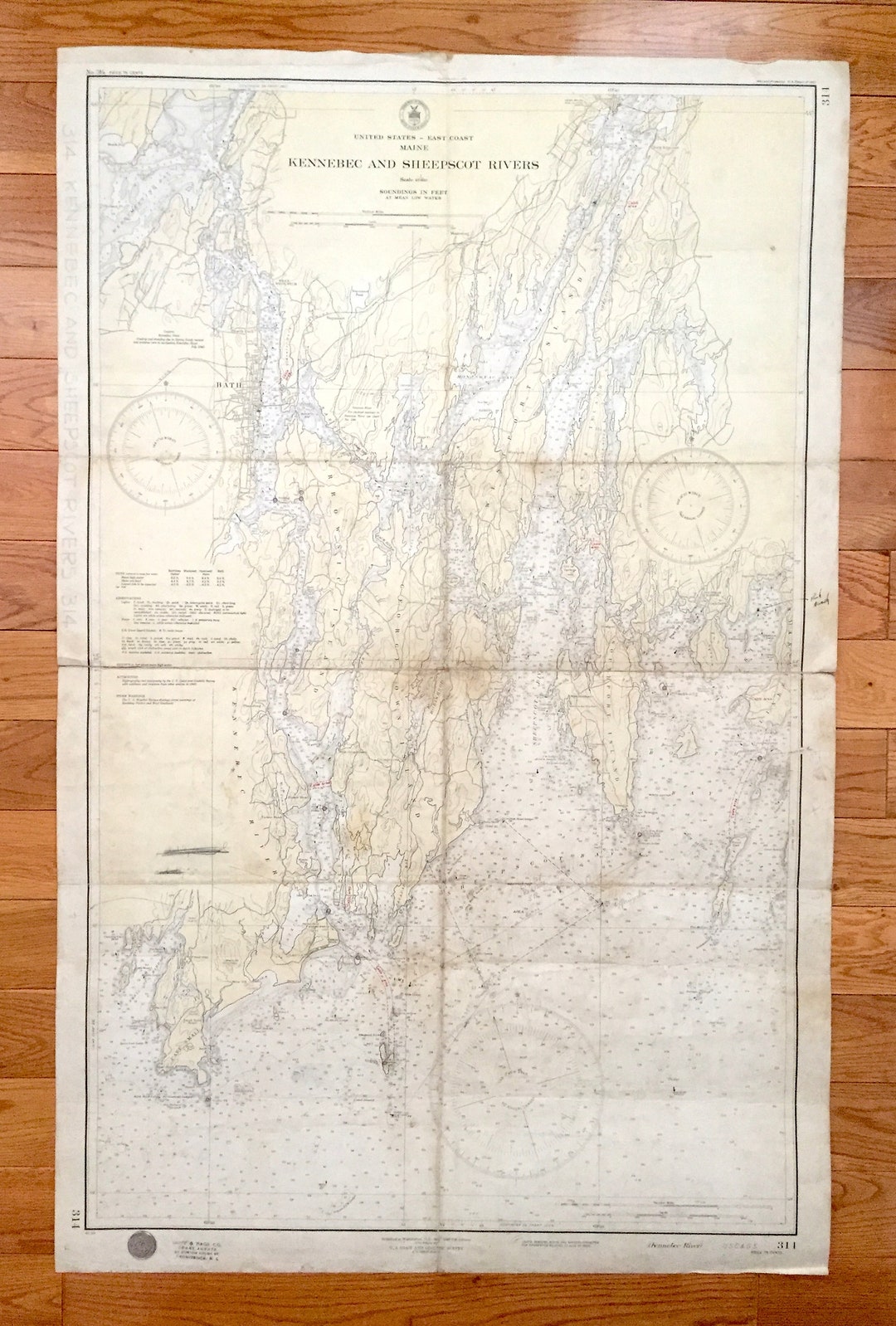 Antique Bath & Boothbay Harbor, Maine 1946 US Coast Guard Nautical Map ...