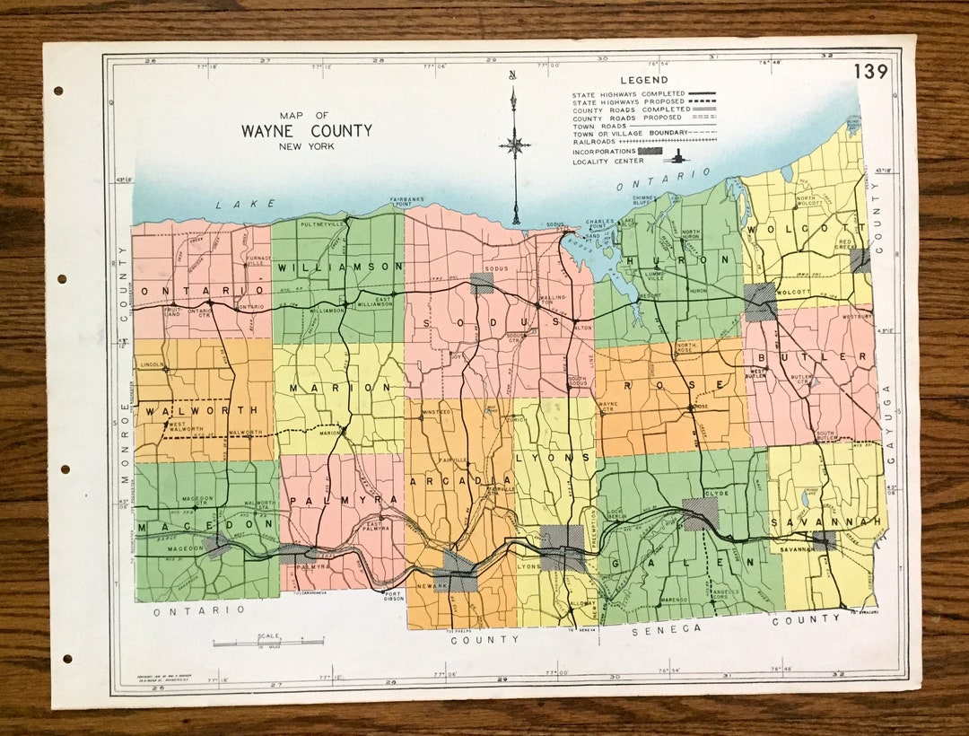 Antique Wayne County, New York 1941 Historical Atlas Map – Lyons, Newark, Palmyra, Macedon ...
