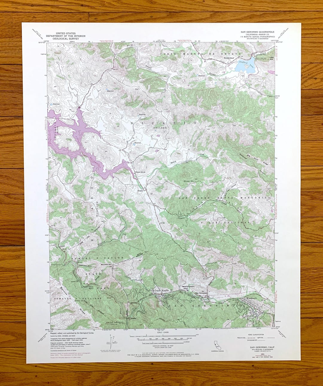 Antique San Geronimo, California 1954 US Geological Survey Topographic ...