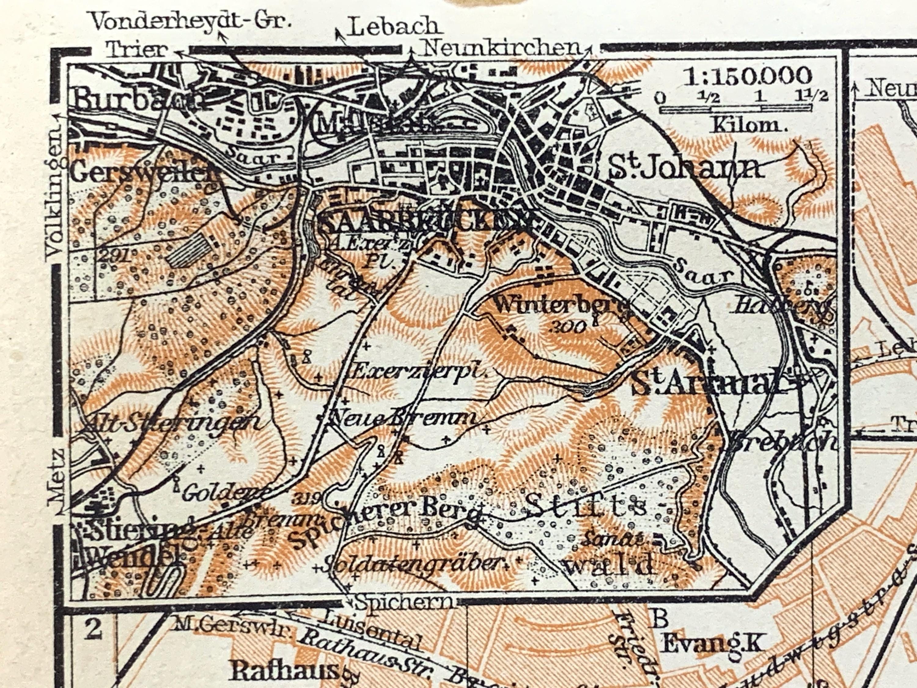 Antique 1911 Saarbrücken, Germany Map From Baedekers Guide Atlas ...