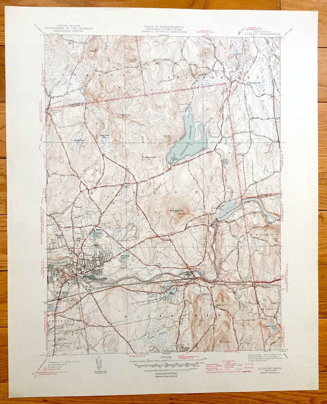 Antique Ludlow, Massachusetts 1944 US Geological Survey Topographic Map ...