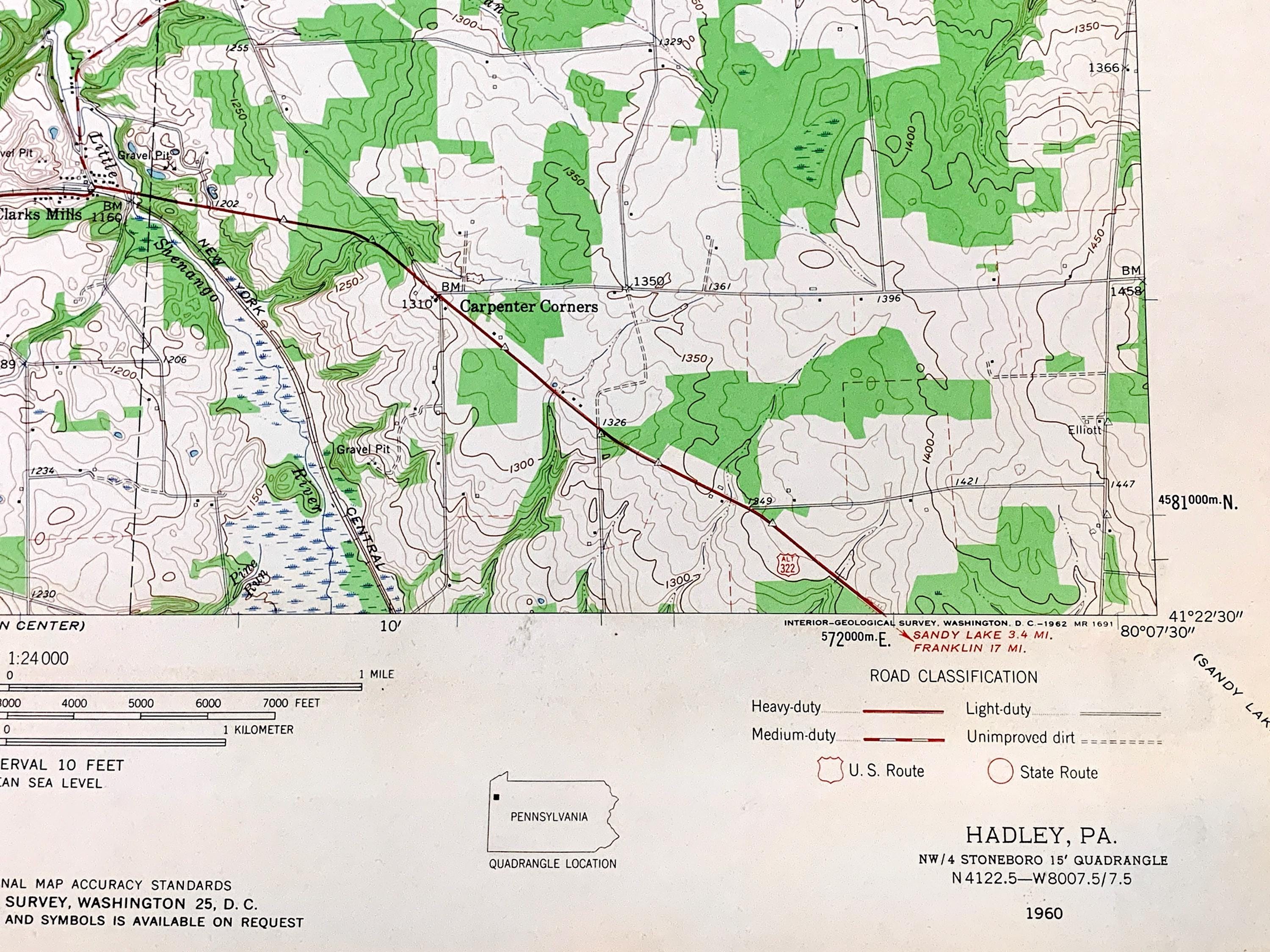 Antique Hadley, Pennsylvania 1960 US Geological Survey Topographic Map ...