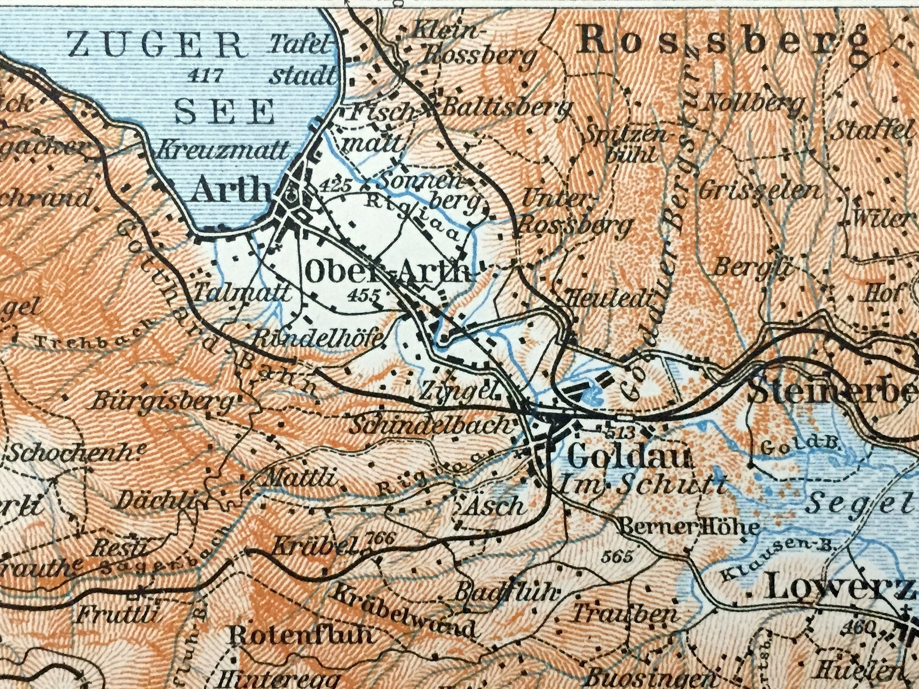Antique 1913 Mount Rigi, Switzerland Map from Baedekers Guide Atlas ...