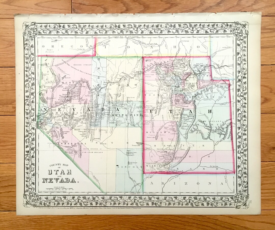 Antique 1871 Utah & Nevada State Map by S. Augustus Mitchell – Las ...