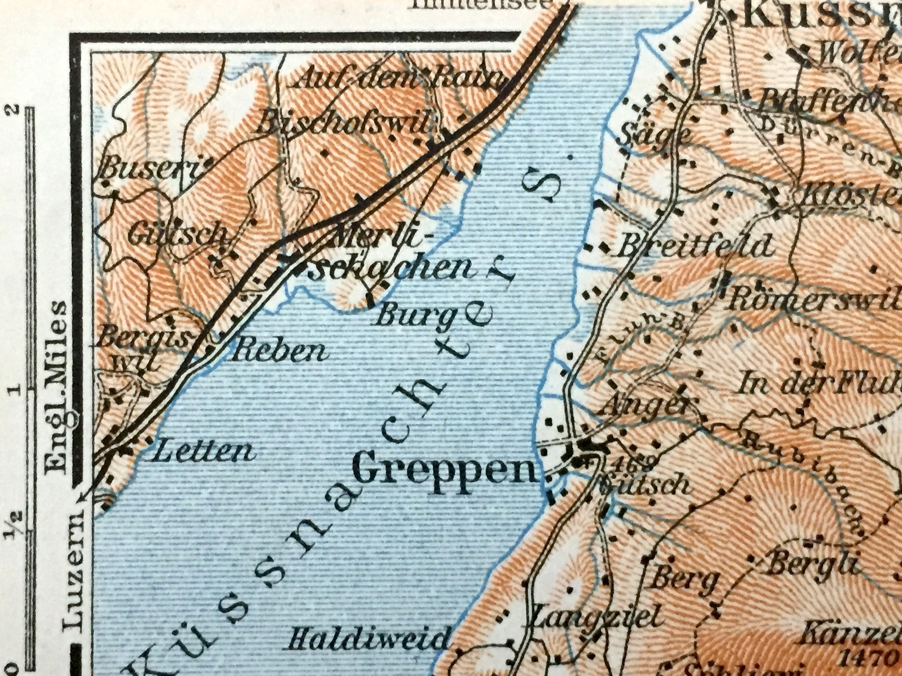 Antique 1913 Mount Rigi, Switzerland Map from Baedekers Guide Atlas ...