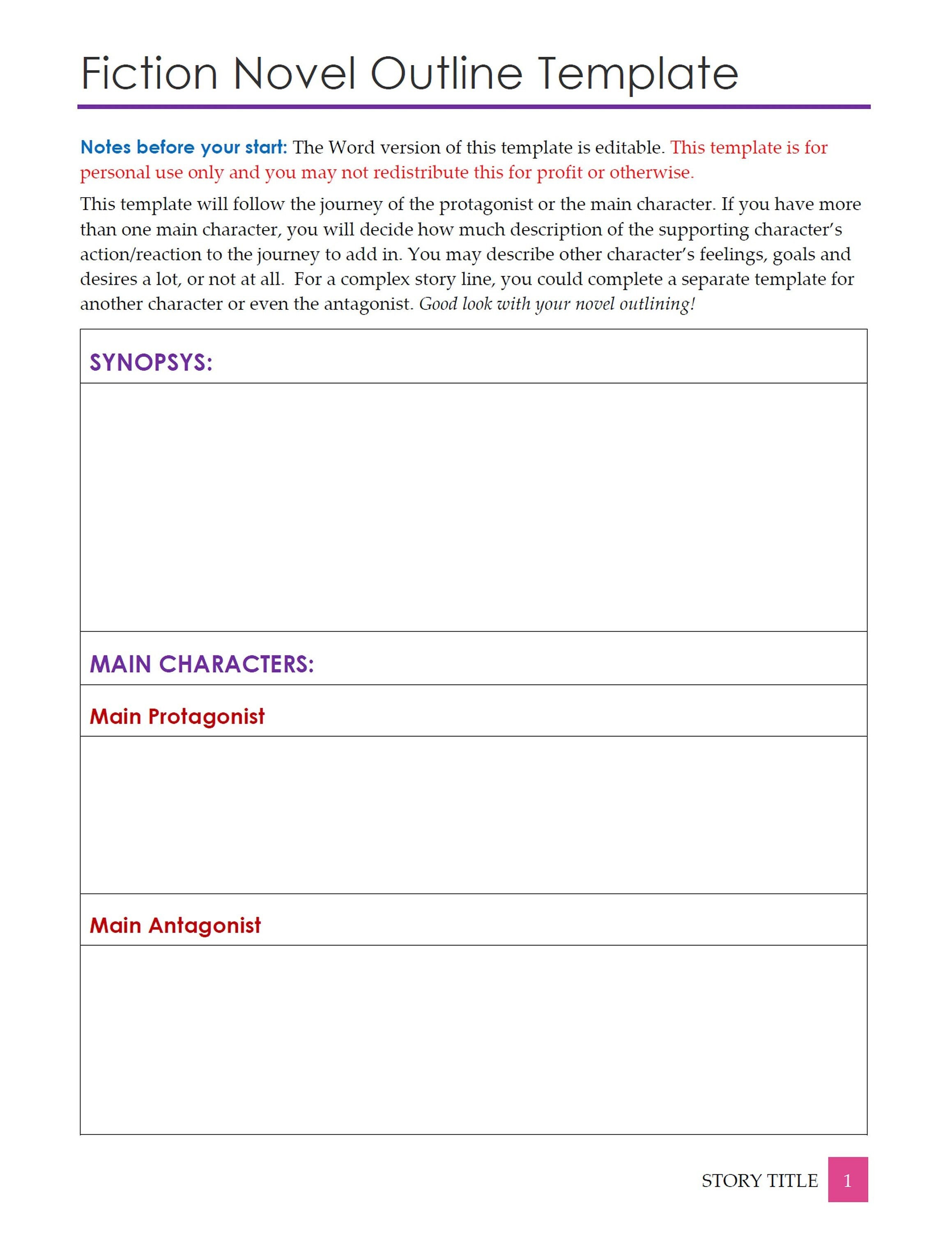 Fiction Novel Outline Template | Editable Word Doc (digital Download ...