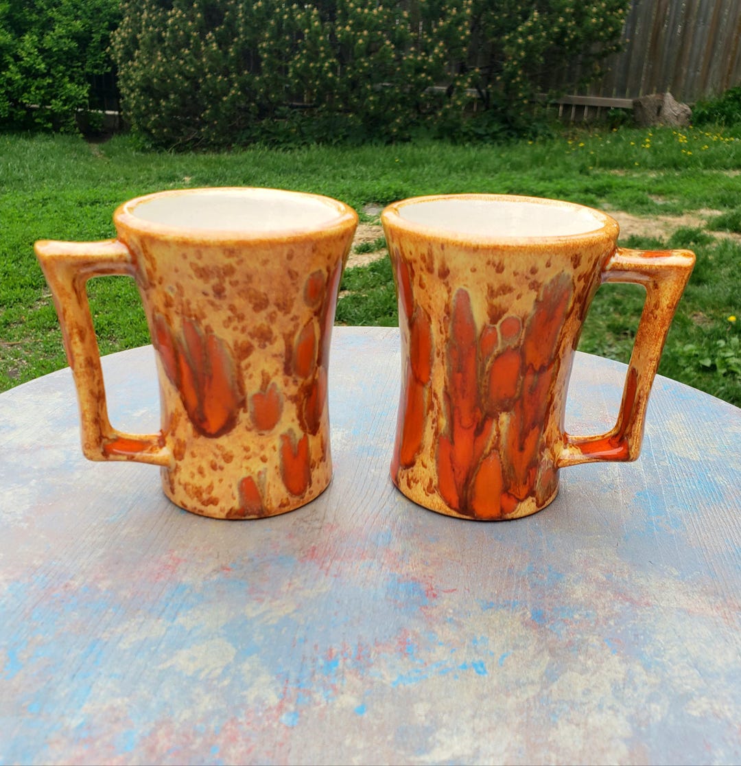 Vintage Midcentury Orange Ceramic Mugs: Handmade Glazed Coffee Cups ...