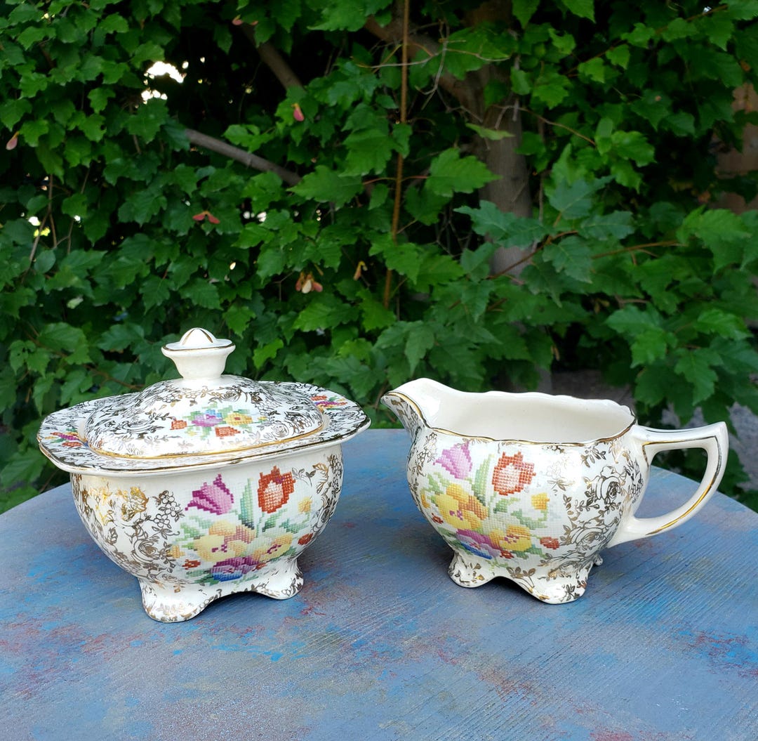 Old English Sampler Cream and Sugar China, H&K Tunstall Petty Point ...