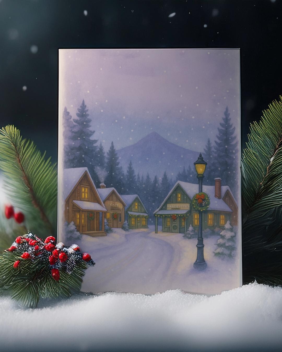 Snowy Town Christmas Card | Digitally-illustrated Holiday Decor (PDF ...