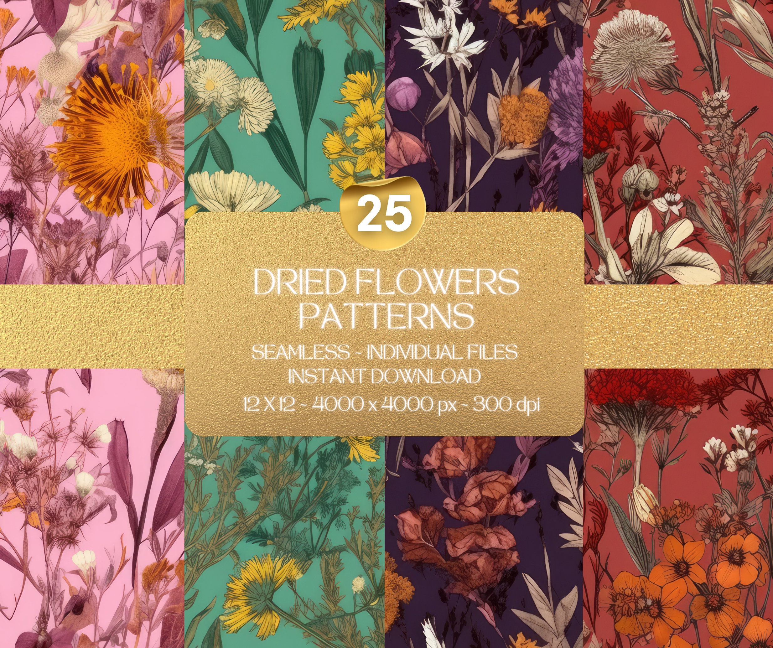 Dried Flowers Seamless Patterns Digital Paper Boho Earth Tones Instant ...