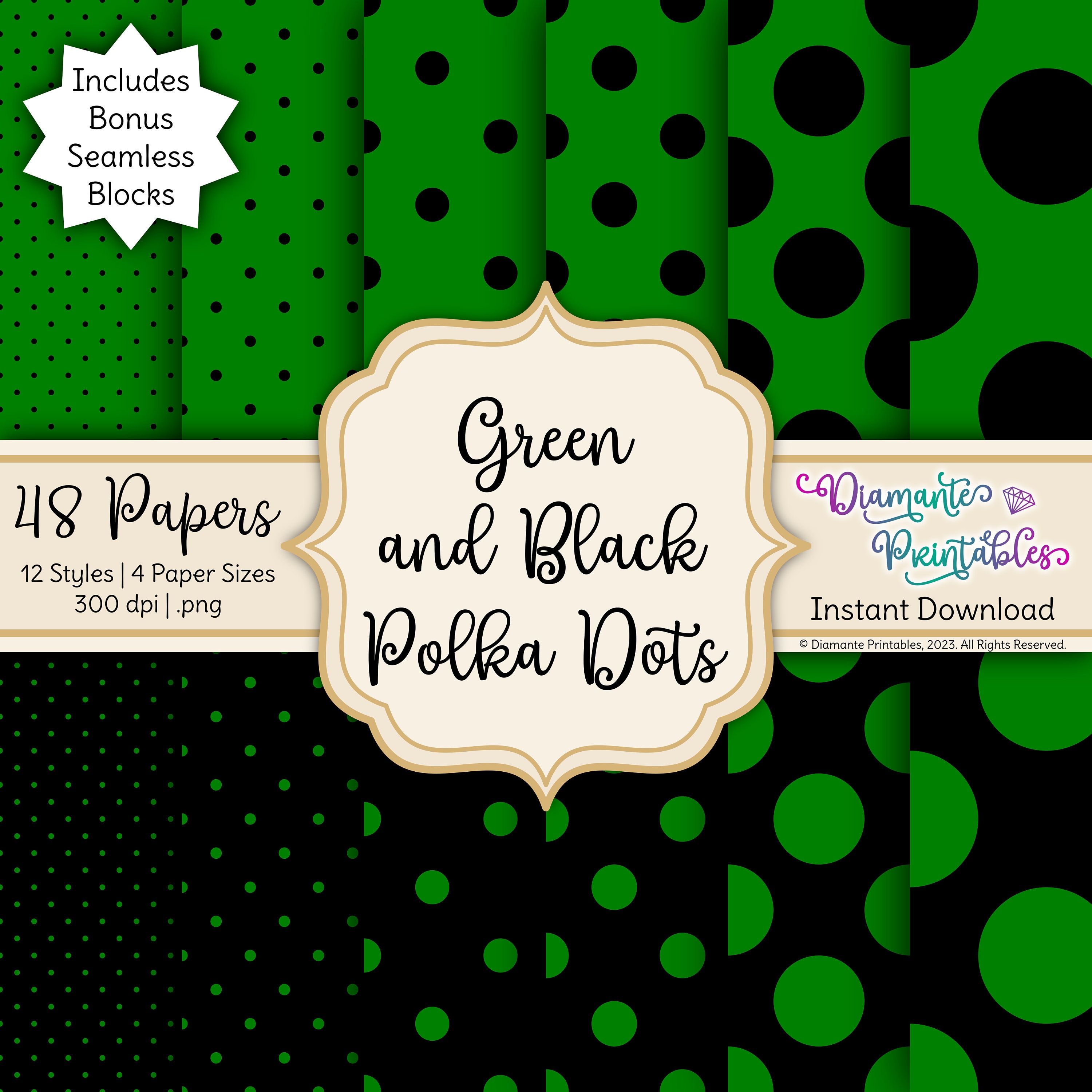 Green and Black Polka Dots Digital Paper Pack | 12 Styles | 4 Sizes ...
