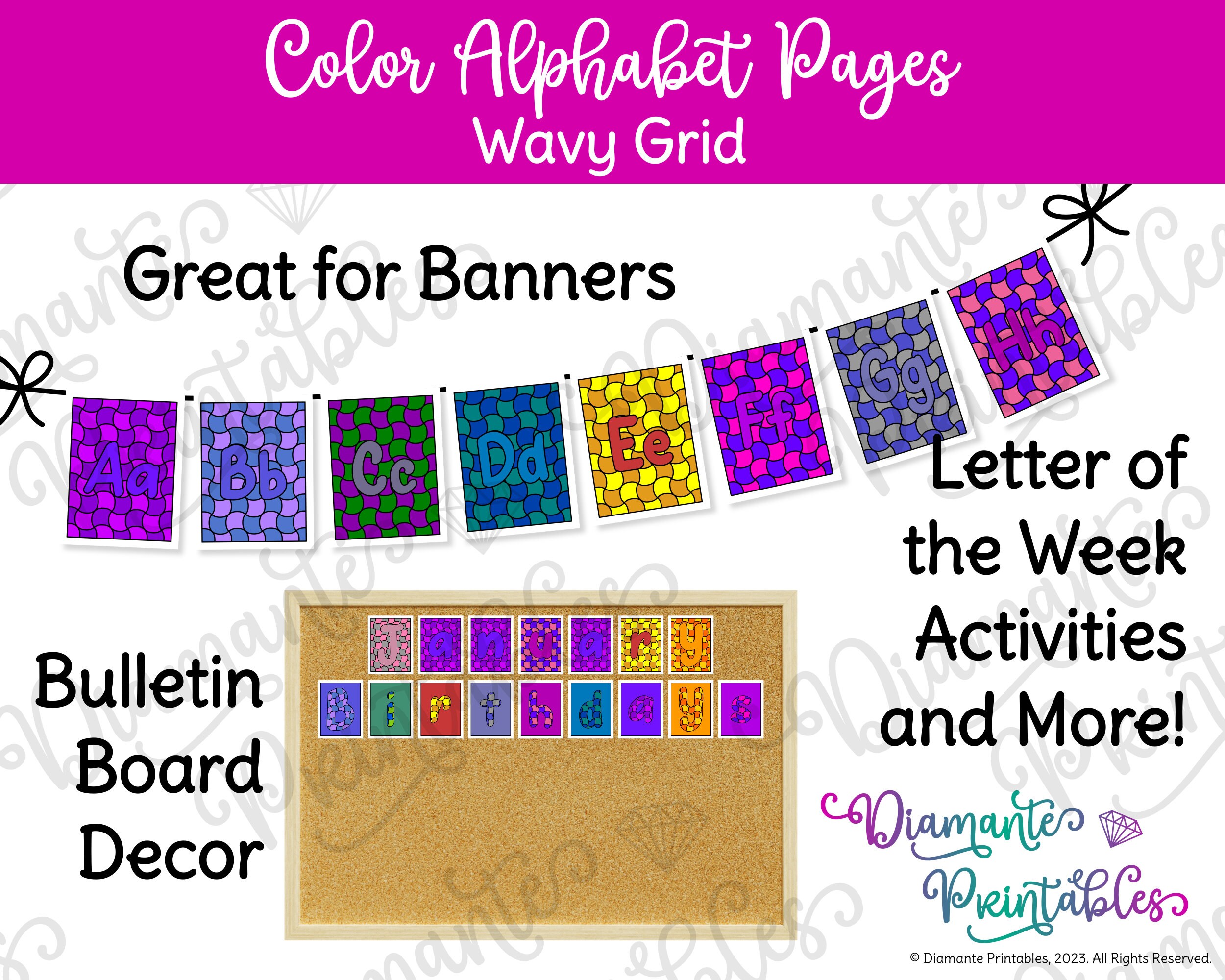 Printable Alphabet Poster Bundle | Wavy Grid Bulletin Board Letters ...