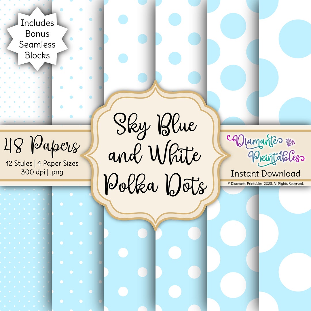 Sky Blue and White Polka Dots Digital Paper Pack | 12 Styles | 4 Sizes ...