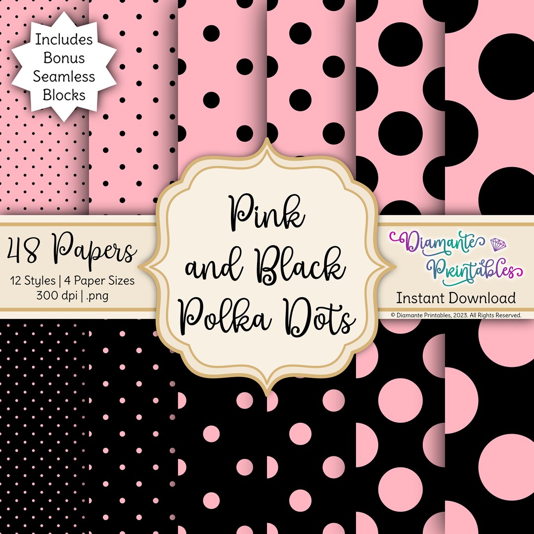 Pink and Black Polka Dots Digital Paper Pack | 12 Styles | 4 Sizes ...