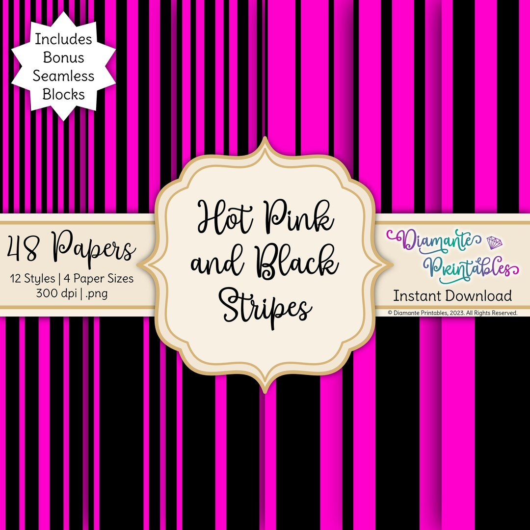 Hot Pink and Black Stripes Digital Paper Pack | 12 Styles | 4 Sizes ...