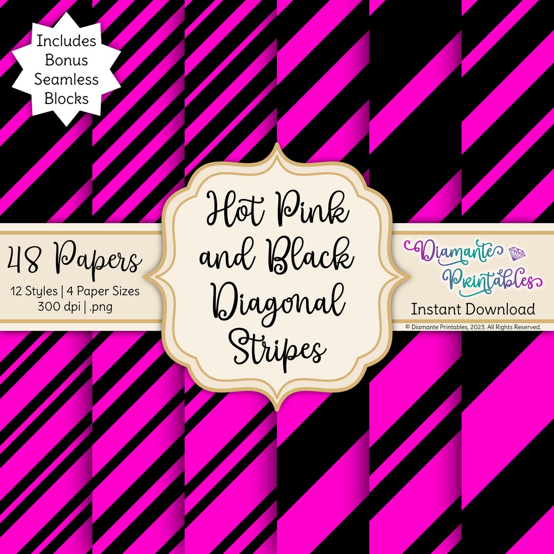 Hot Pink and Black Diagonal Stripes Digital Paper Pack | 12 Styles | 4 ...