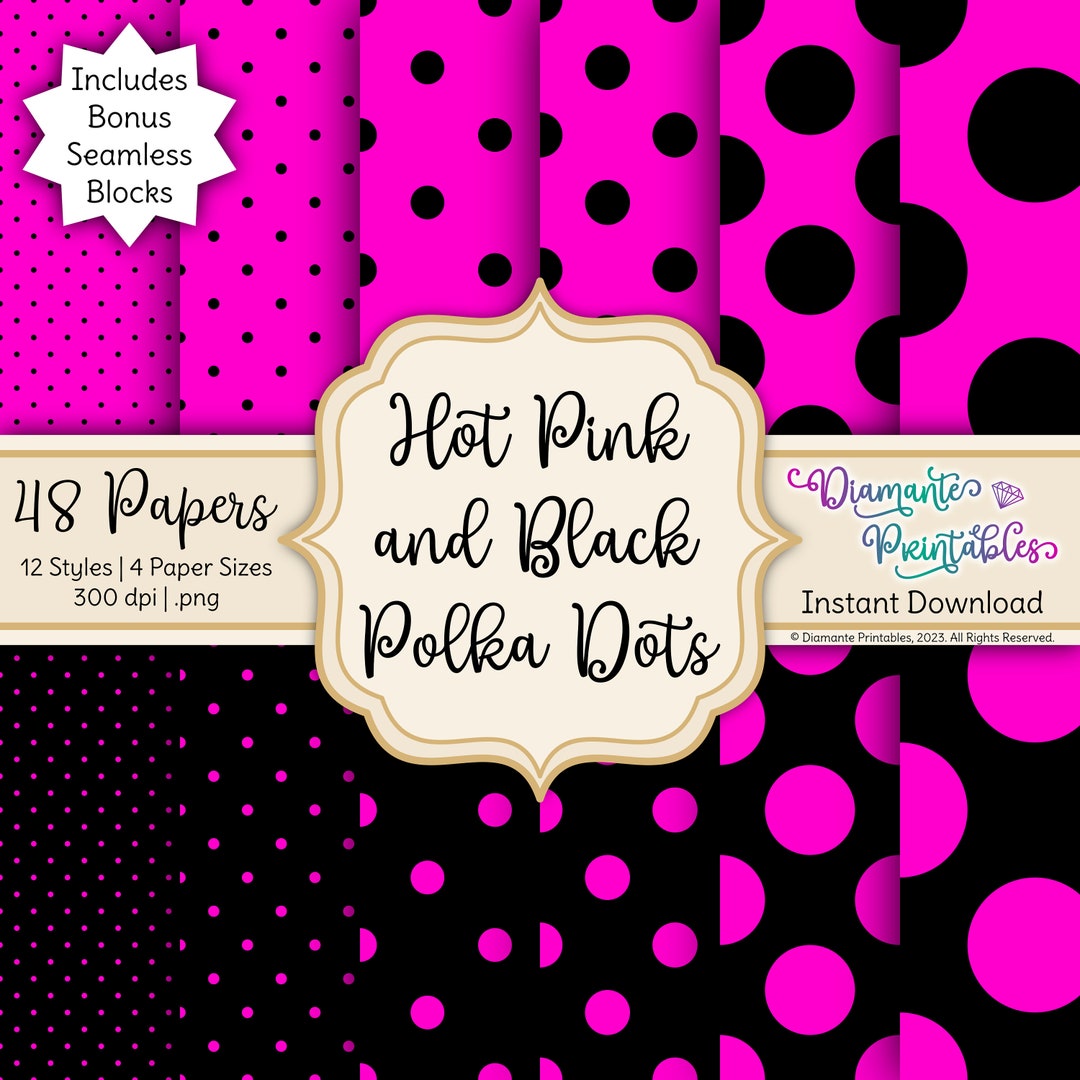 Hot Pink and Black Polka Dots Digital Paper Pack | 12 Styles | 4 Sizes ...
