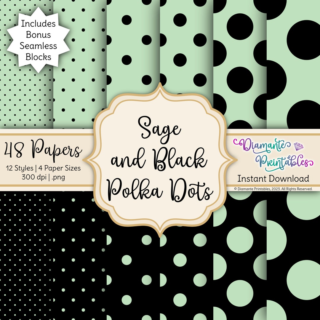 Sage and Black Polka Dots Digital Paper Pack | 12 Styles | 4 Sizes ...