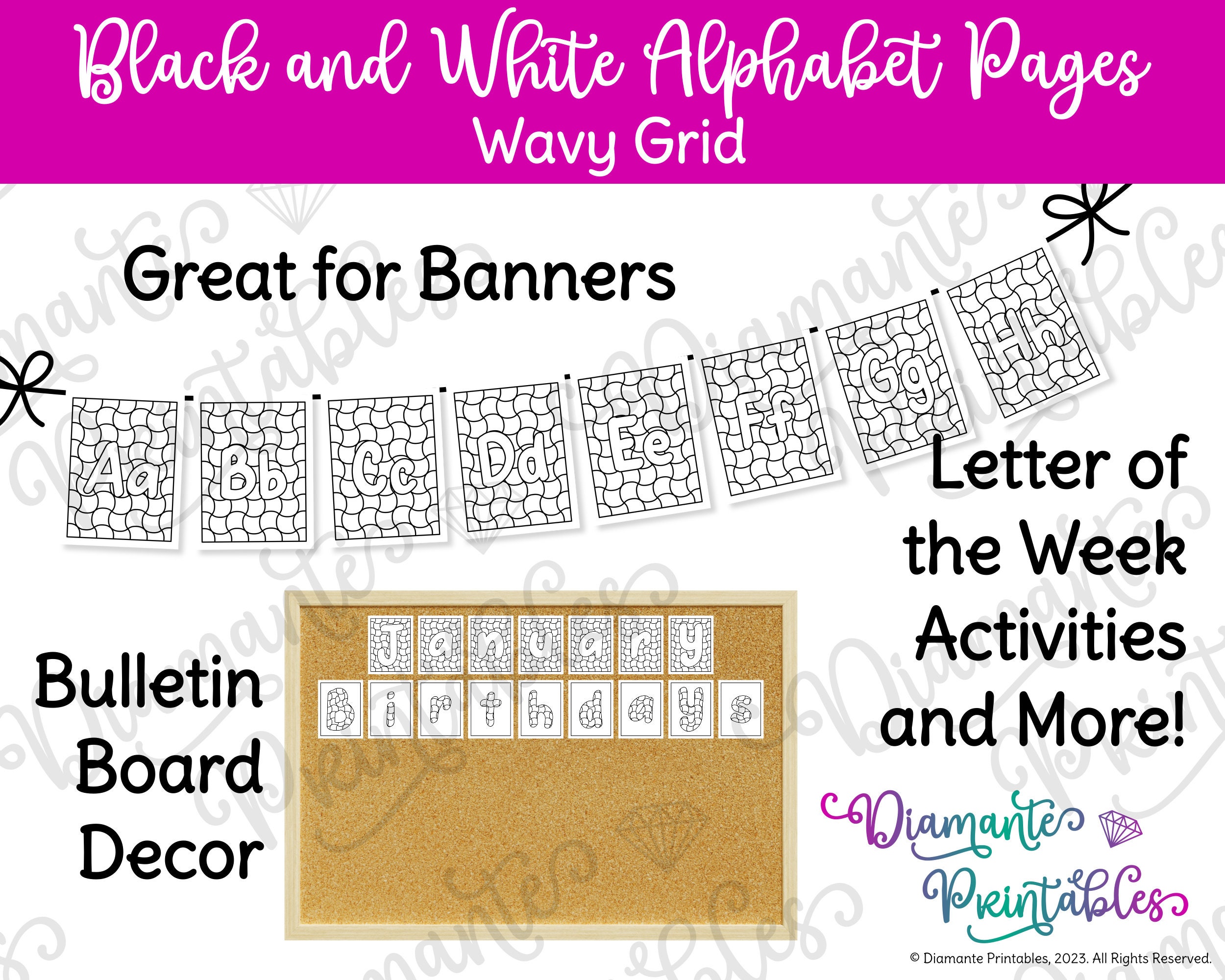 Printable Alphabet Poster Bundle | Wavy Grid Bulletin Board Letters ...