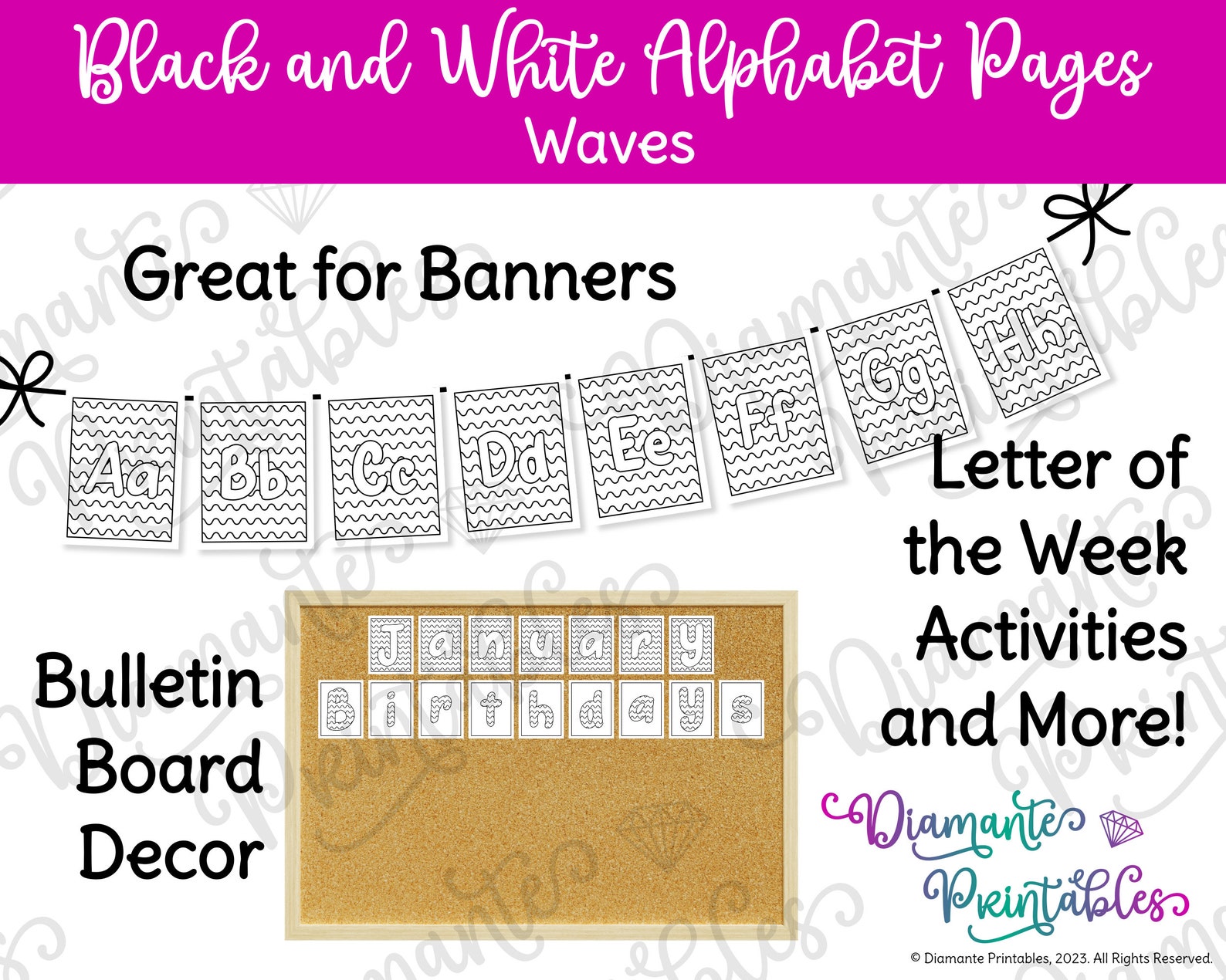 Printable Alphabet Poster Bundle | Waves Bulletin Board Letters | Black ...
