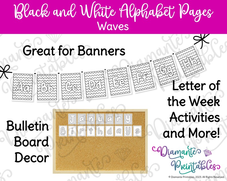 Printable Alphabet Poster Bundle | Waves Bulletin Board Letters | Black ...