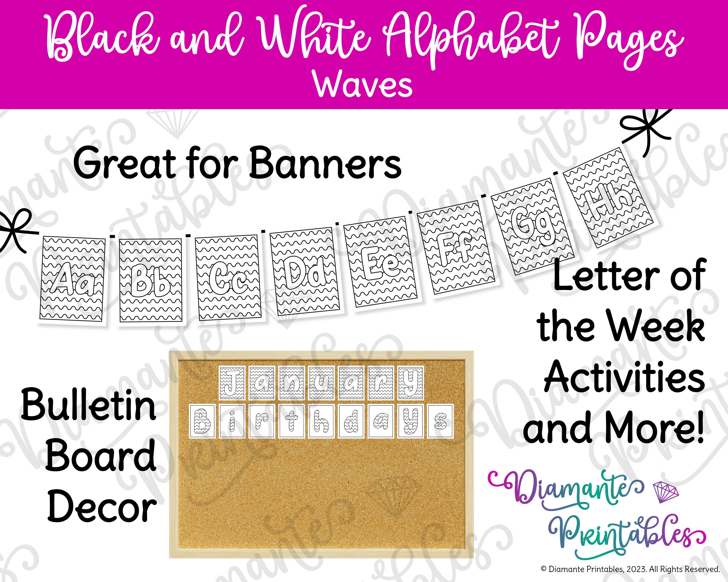 Printable Alphabet Poster Bundle | Waves Bulletin Board Letters | Black ...