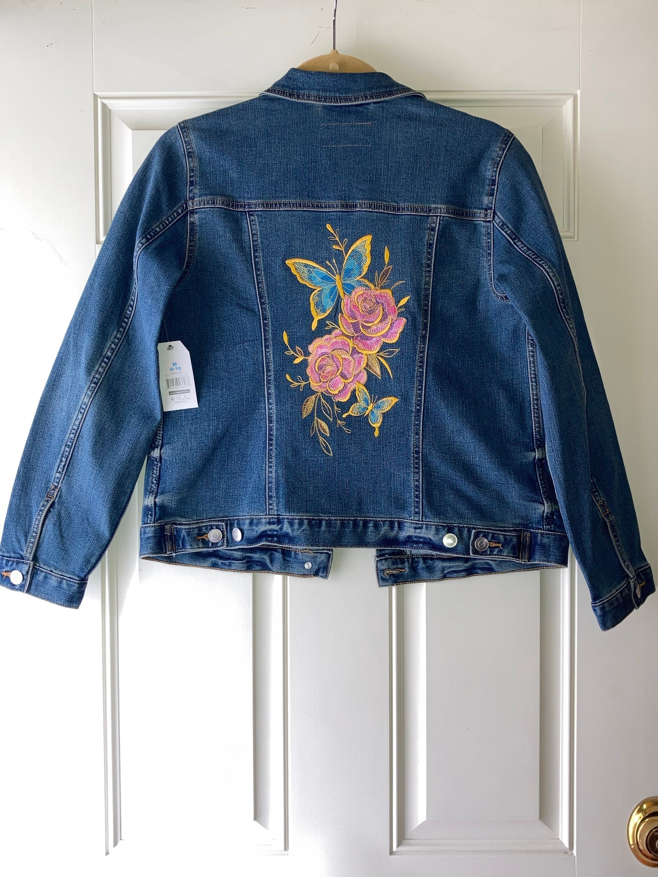 Blue Jean Jacket Pink Rose & Blue Butterfly Embroidery - Etsy
