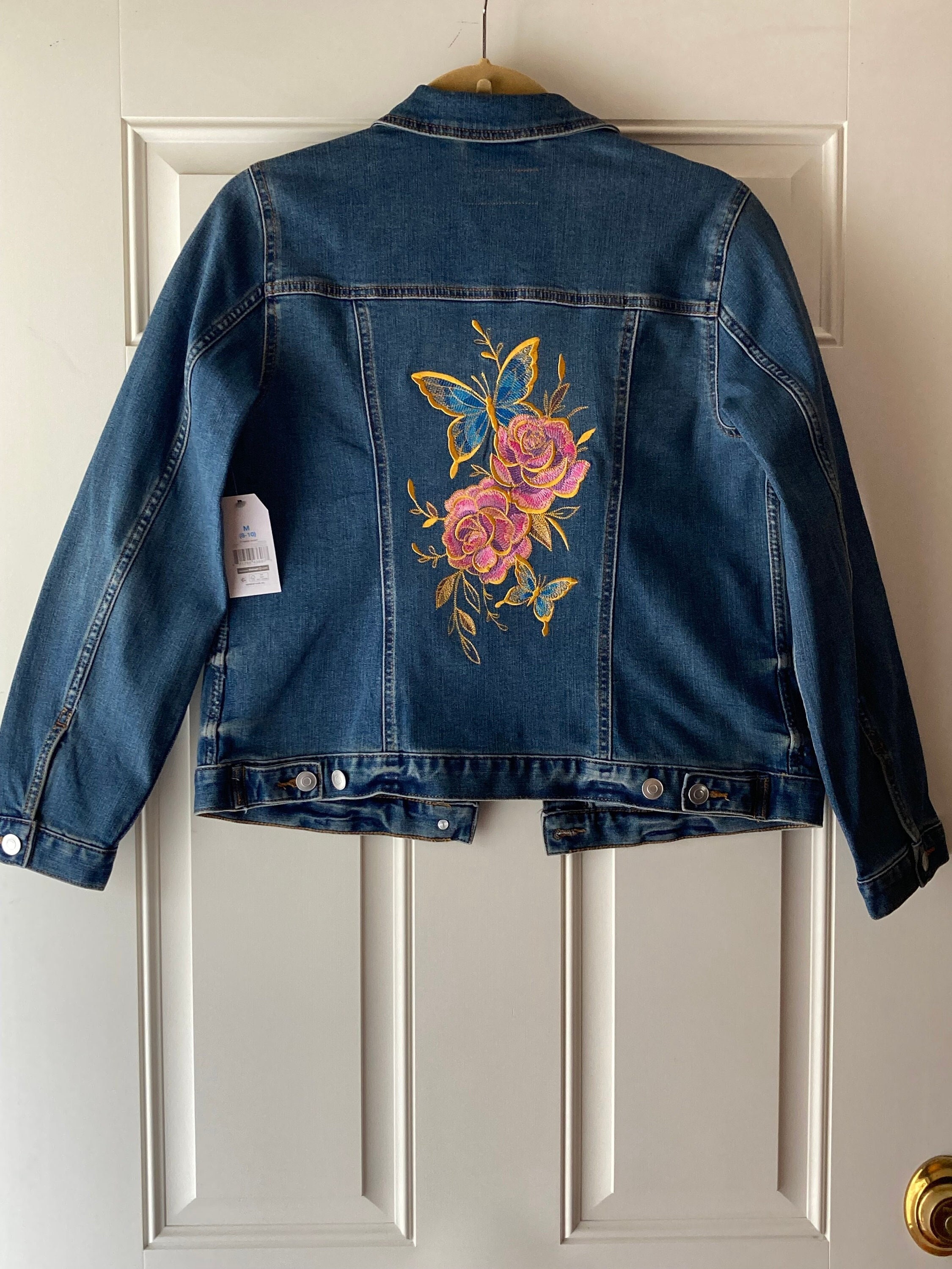 Blue Jean Jacket Pink Rose & Blue Butterfly Embroidery - Etsy