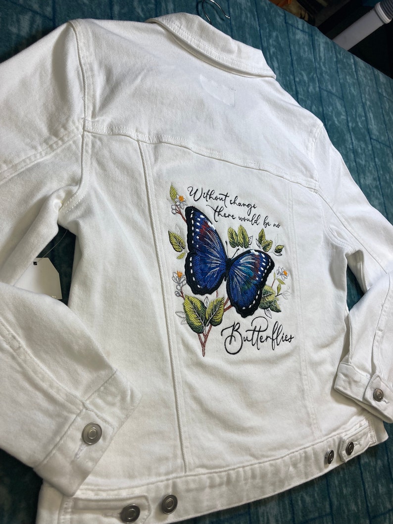 White Jean Jacket With Butterfly Embroidery Design - Etsy