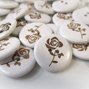 10 Wood Rose Buttons | 25mm White Painted Buttons | Large Laser Cut ...