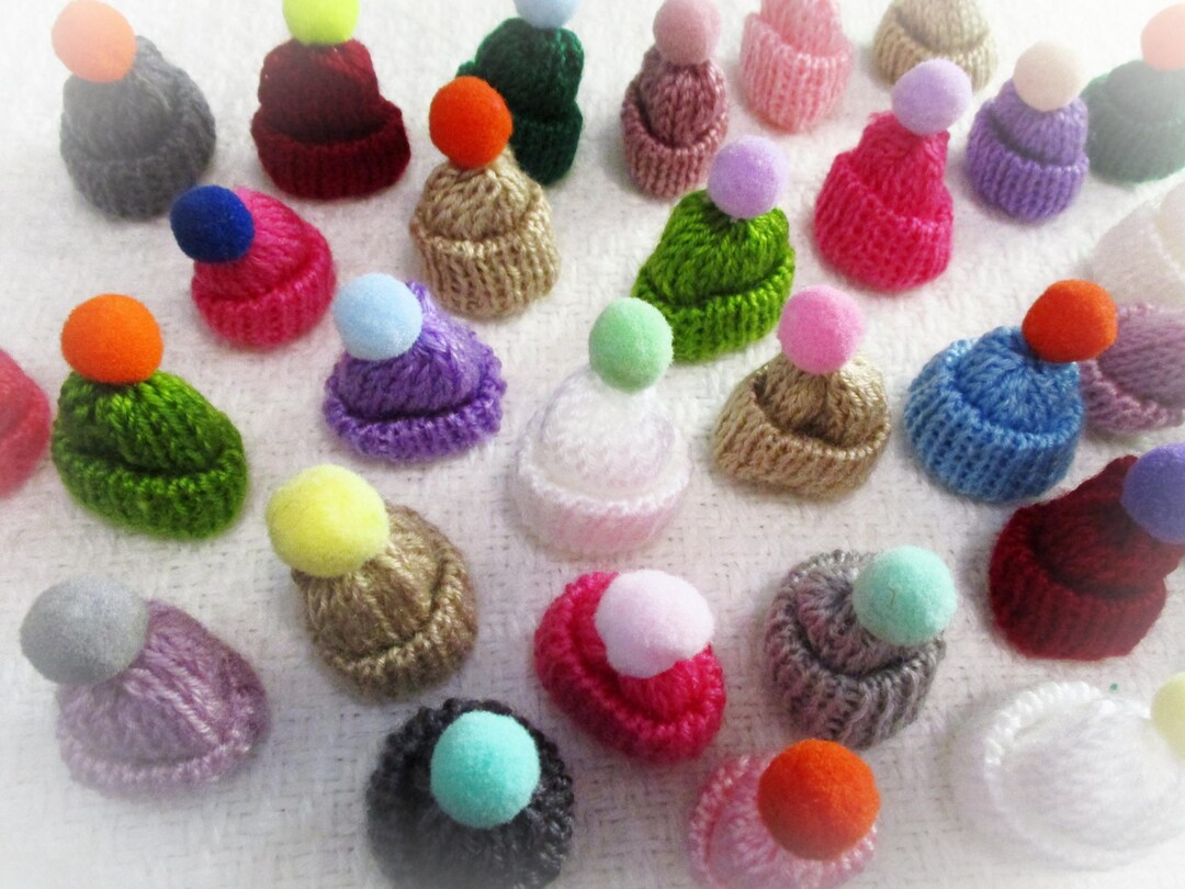 10 Knit Doll Caps With Pom Poms | Set of 10 Random Colors | Mini Knit ...