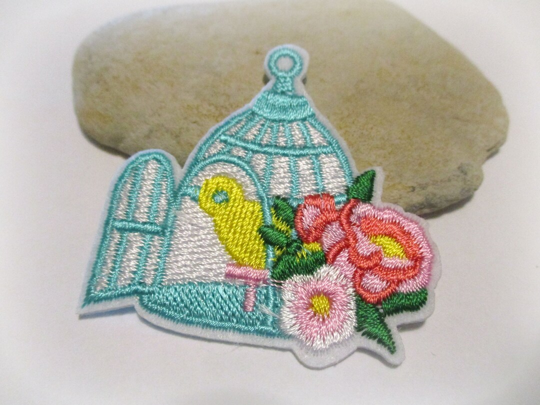 Embroidered Bird Cage Patch: Yellow Canary & Roses Applique - Etsy