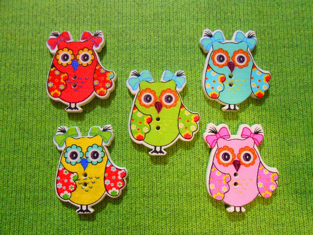 Wood Owl Buttons: Colorful Cartoon Sewing Embellishments (set of 10) - Etsy