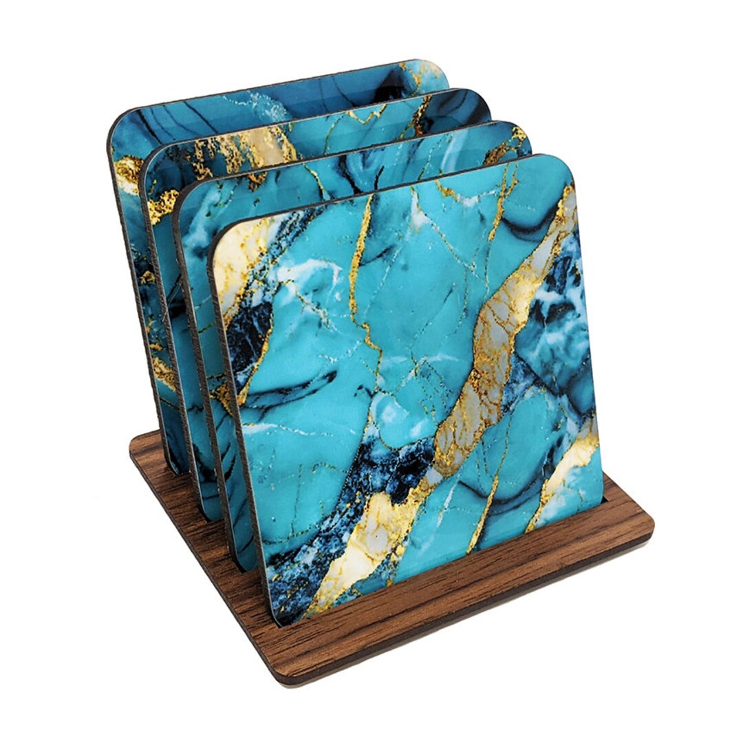 Teal and Gold Marble Coasters - Set of 4, Housewarming Gift - Etsy