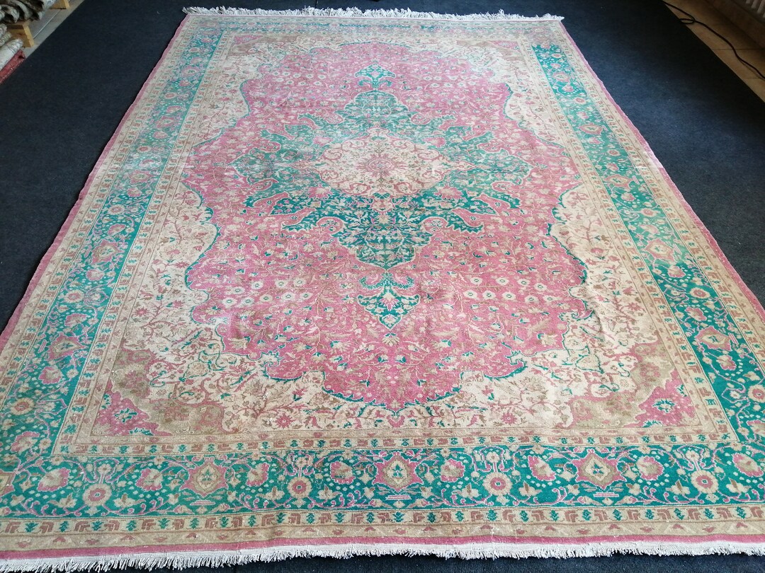 7 X 9.5 Persian RUG Vintage TURKISH Pink Green Oriental Rug Vintage ...