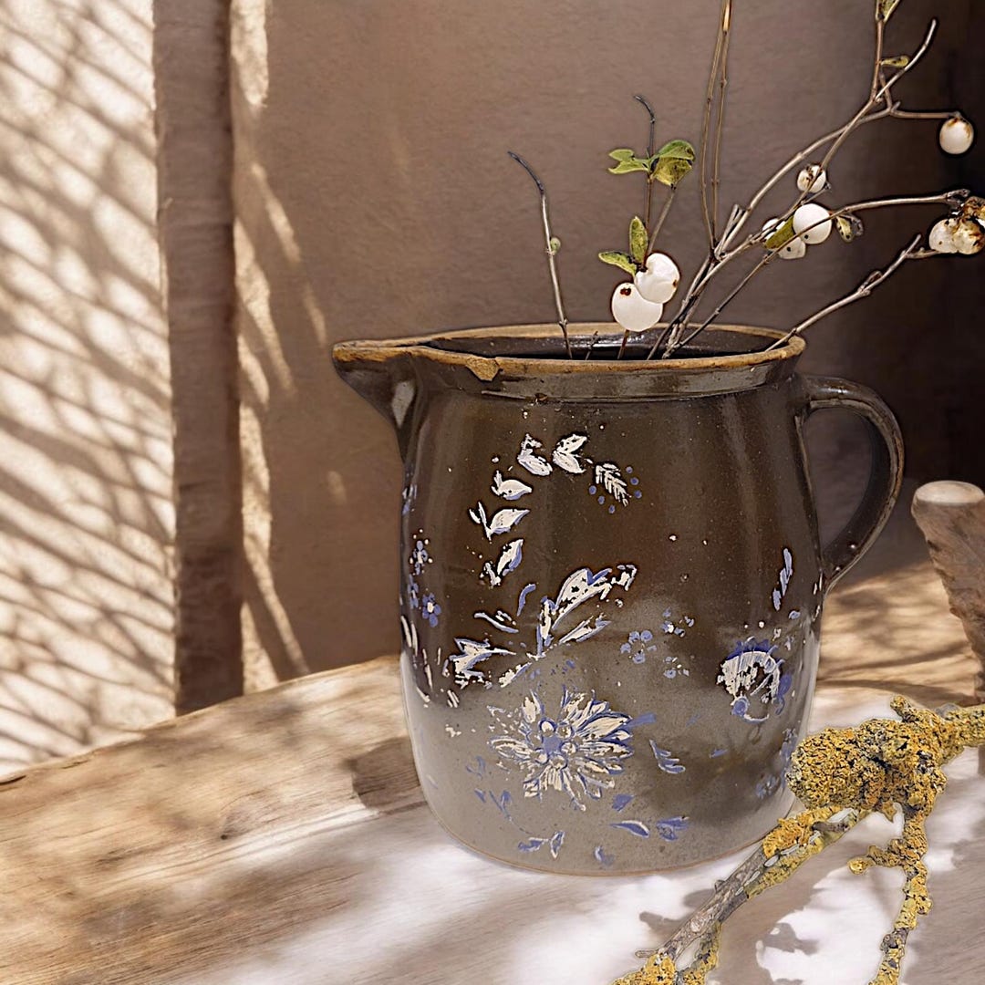 Antique Ceramic Jug With Floral Patterns – Original Vintage Stoneware ...