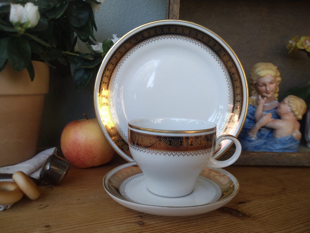 KAHLA Vintage Collectible Cup Made of Porcelain From GDR Times White Gold Pattern Decor Coffee ...