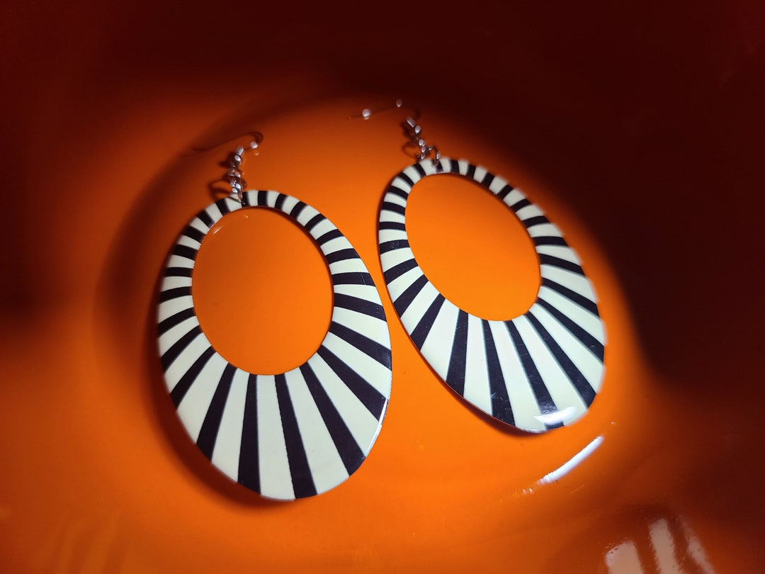 Oval Stripe Earrings, Large Black and White Stripe Earrings, Haloween ...