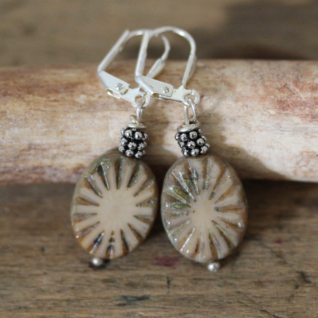 Earrings / MITRA / Silver Beige Ceramic Beads - Etsy