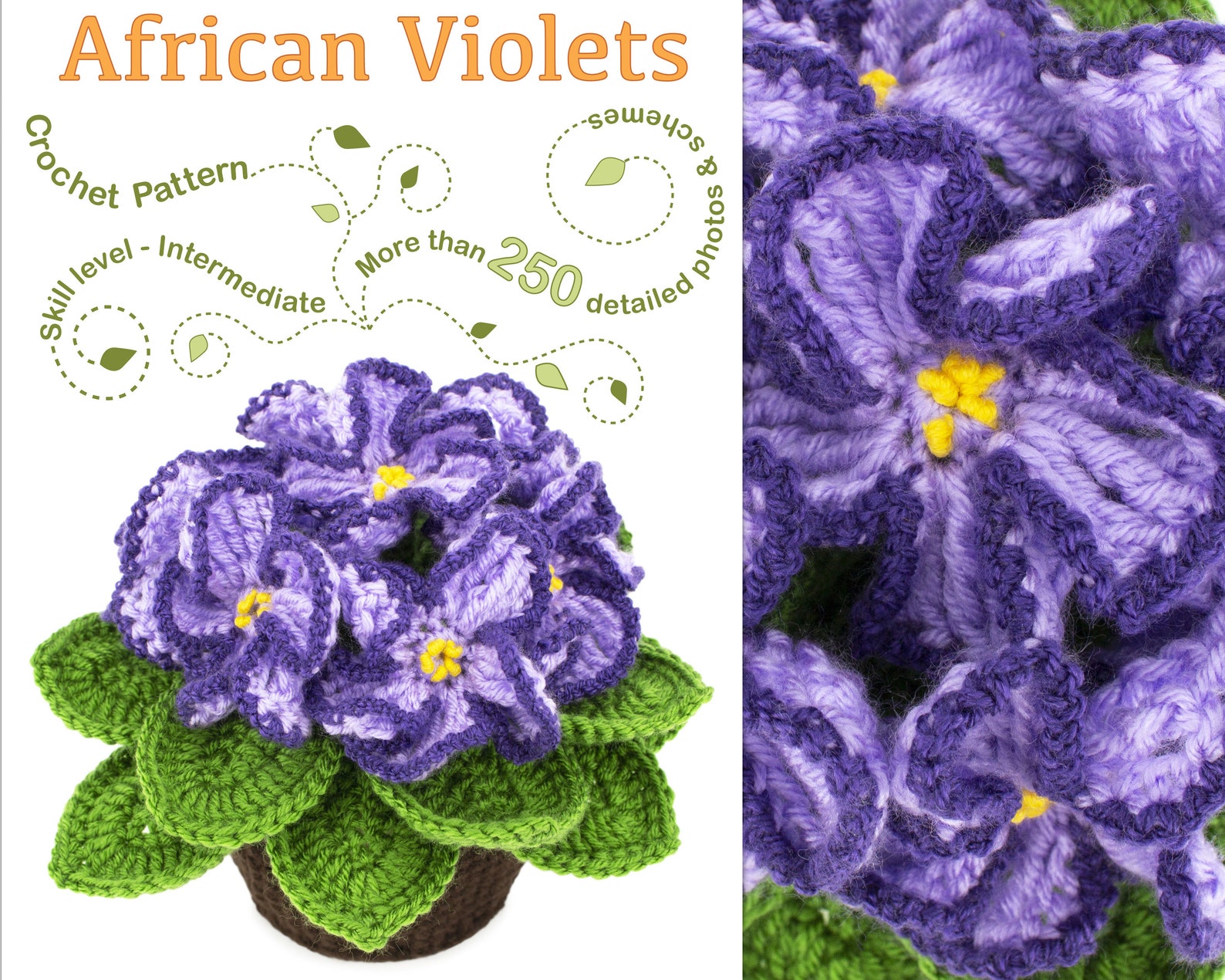 Crochet African Violets Pattern, Crochet Pot With Flowers PDF Pattern ...