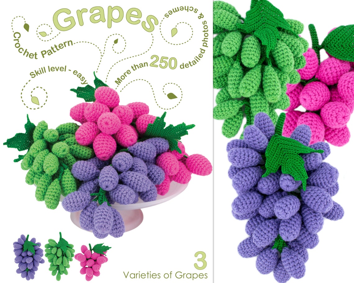 Crochet Grapes PDF Pattern, 3 Varieties of Grapes, Crochet Fruit ...
