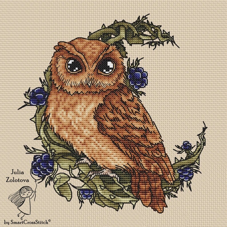Owl cross stitch forest pattern Round cross stitch owl | Etsy
