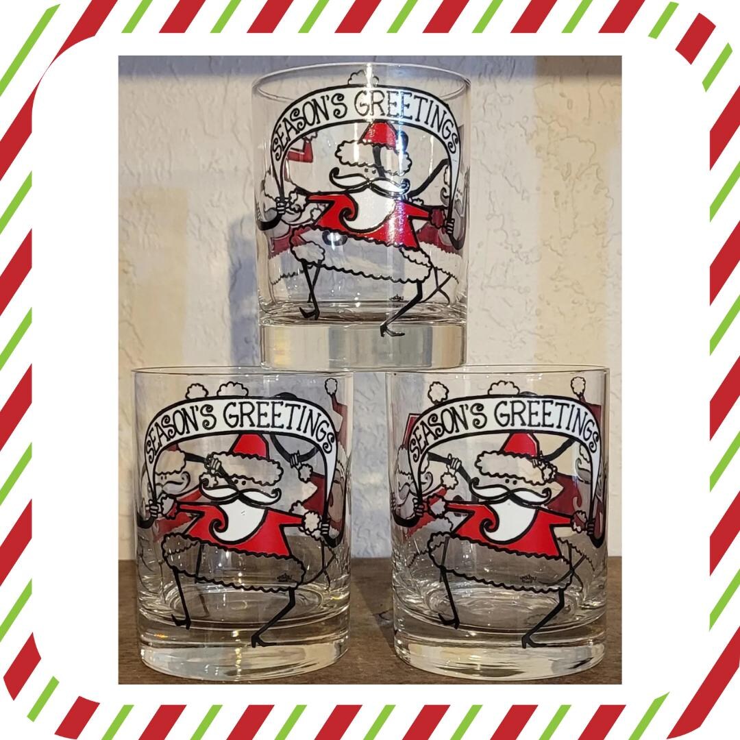 Vintage Season's Greetings Dancing Santa Glasses, Cups, Drinking Glass ...