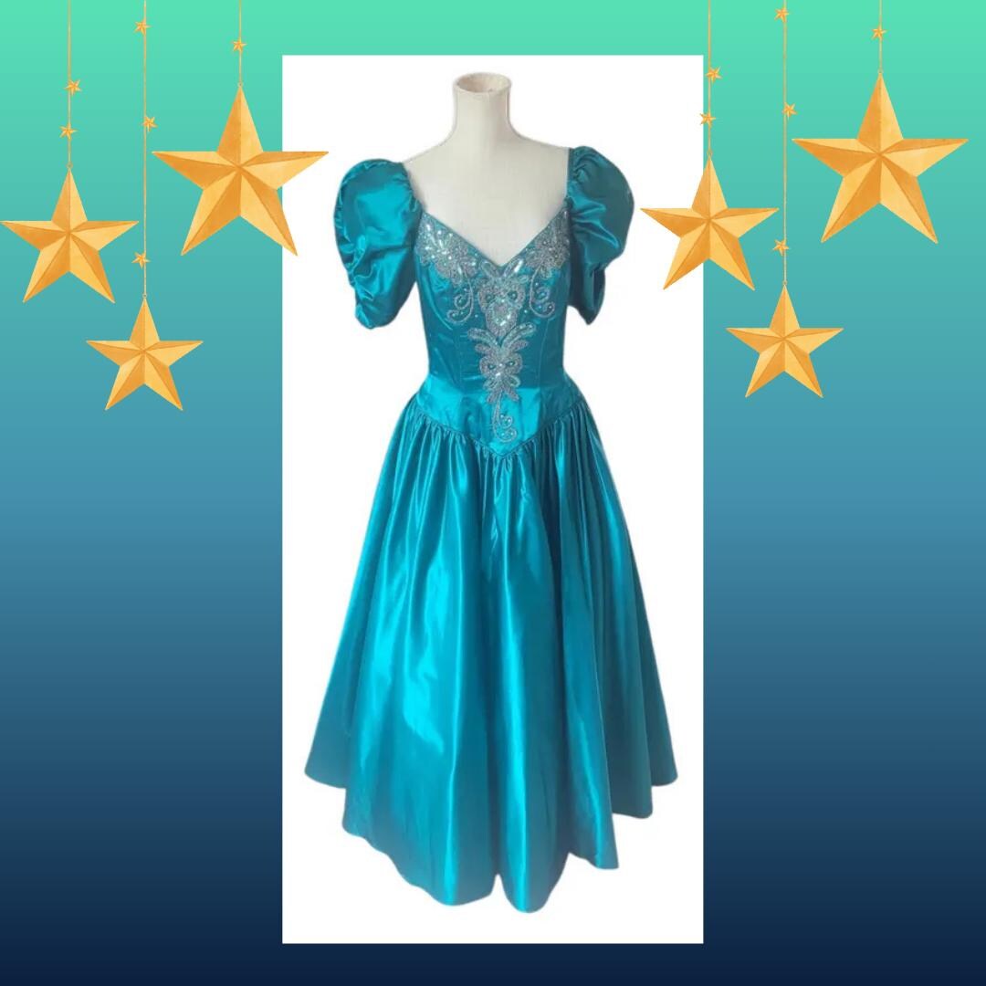 Vintage Mike Benet Formals Emerald Green Beaded Gown, Satin, Costume ...