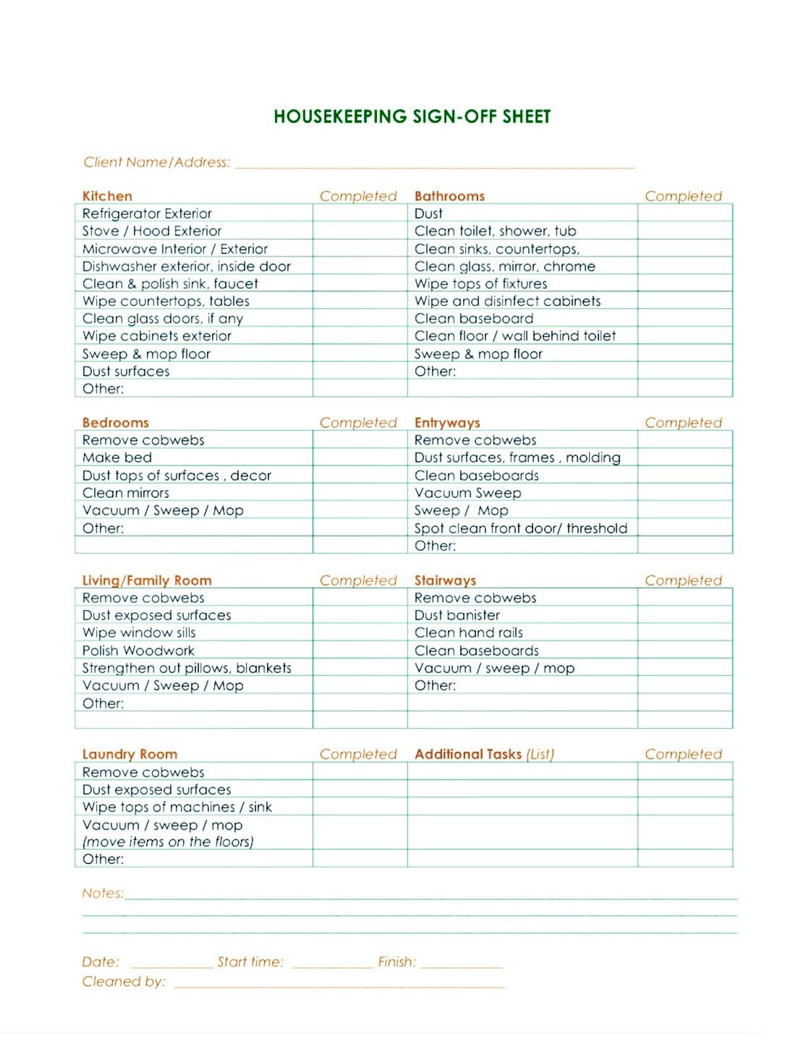 Housekeeping Sign-off Sheet - Etsy