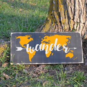 Wood Sign Wander With World Map Distressed Rustic Vinyl Decal Wood Sign ...