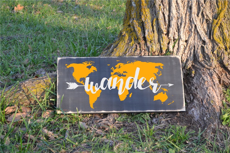 Wood Sign Wander With World Map Distressed Rustic Vinyl Decal - Etsy