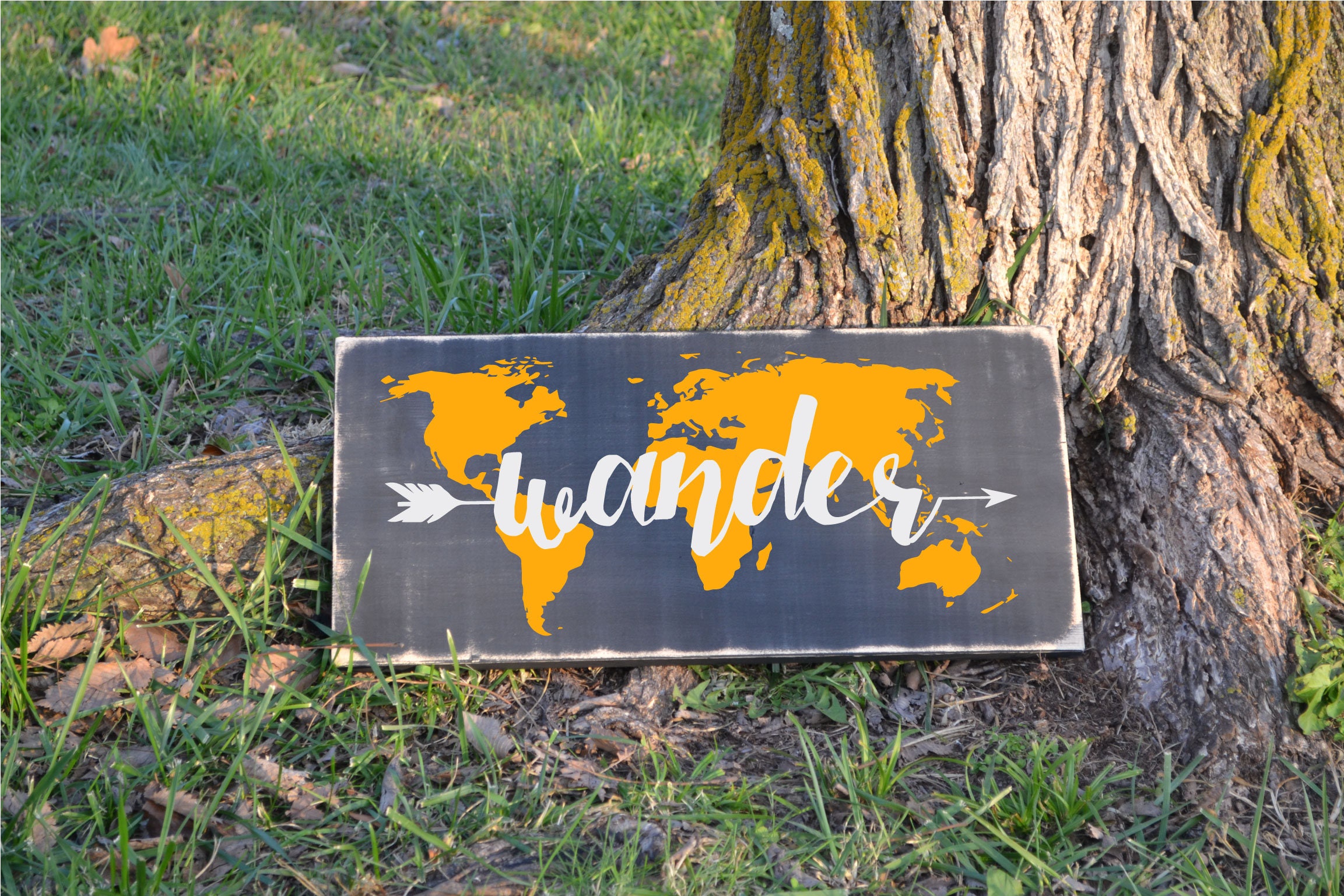 Wood Sign Wander with World Map Distressed Rustic Vinyl Decal | Etsy