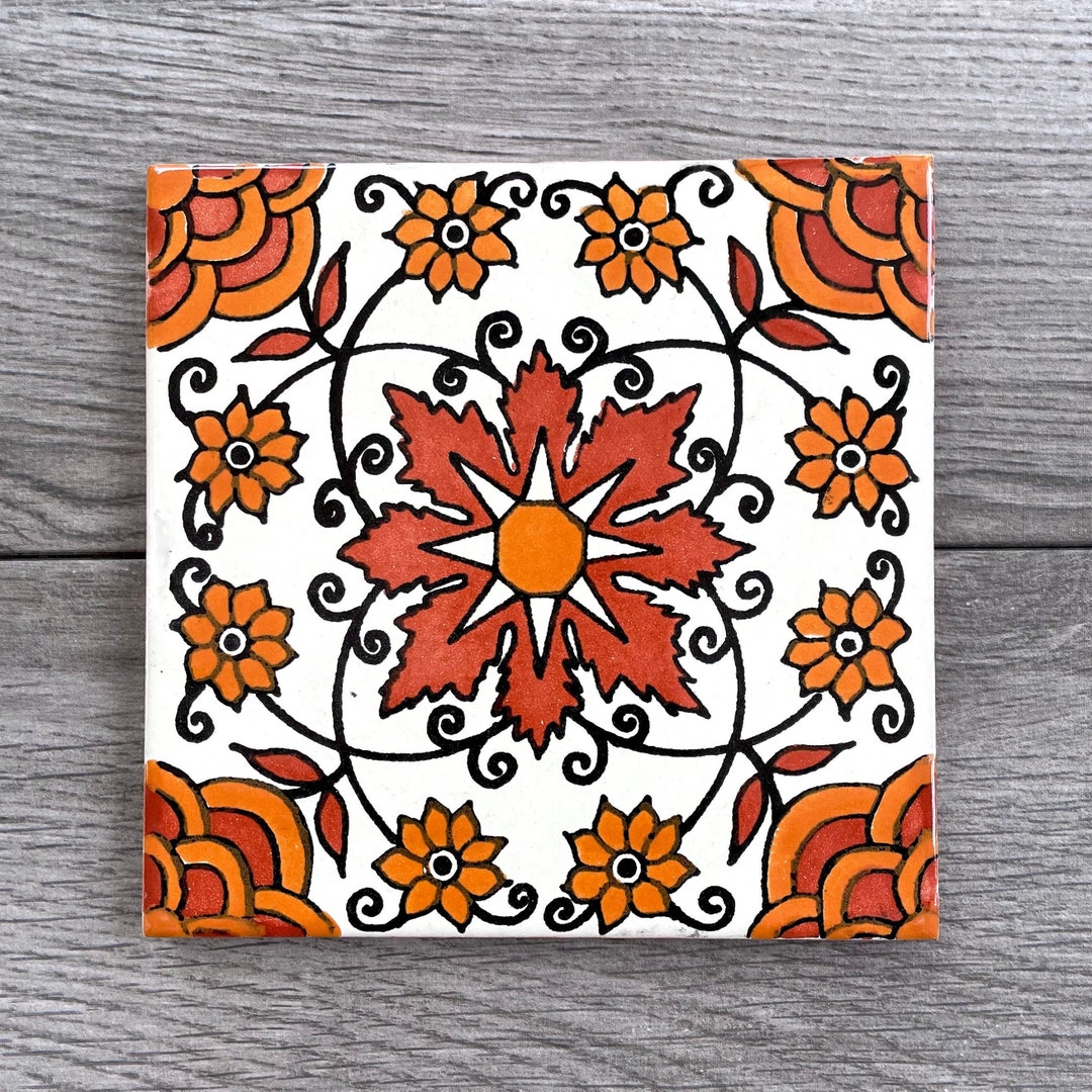 6” Orange “enredadera” Mexican Tile Trivet - Etsy