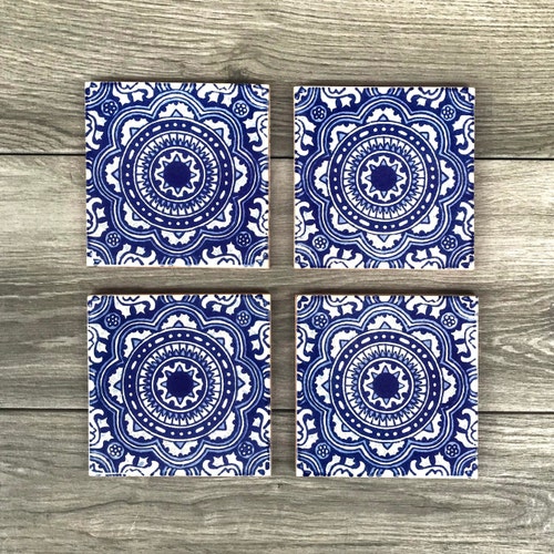 Blue and Off-white Mexican Tile Coasters - Etsy